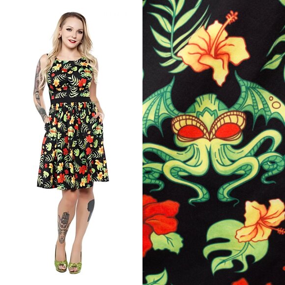 Sourpuss | Dresses | Sourpuss Tropicthulhu Shift Dress S Hawaiian Goth ...